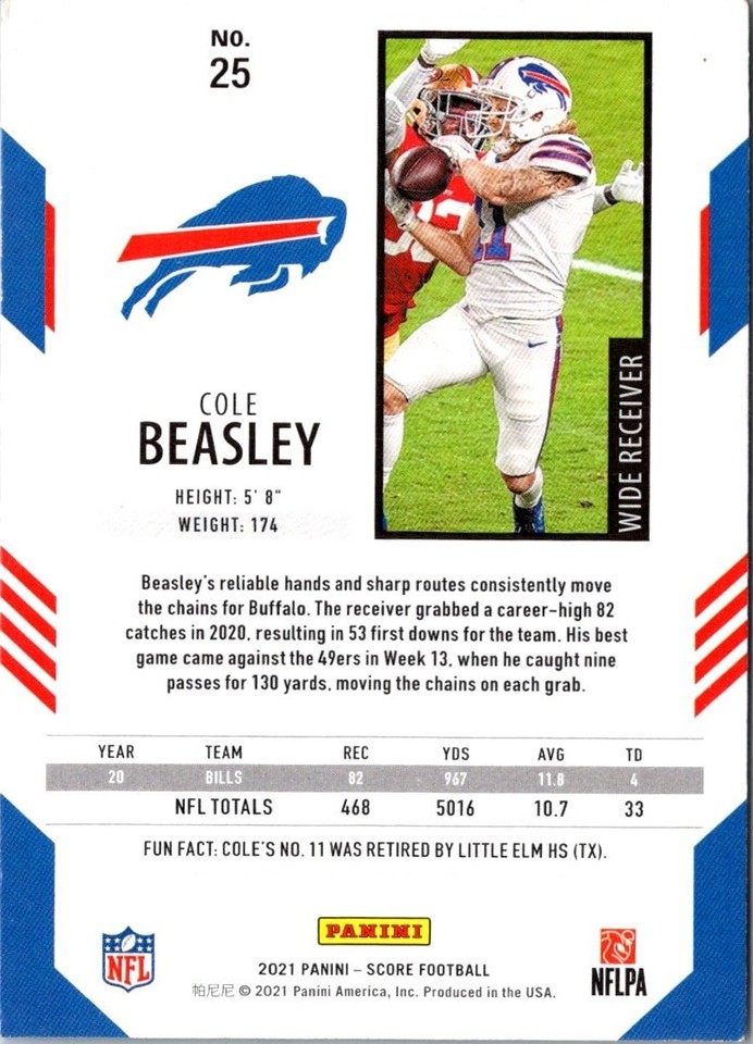 2021 Score Red Cole Beasley #25 Buffalo Bills Football Card | eBay