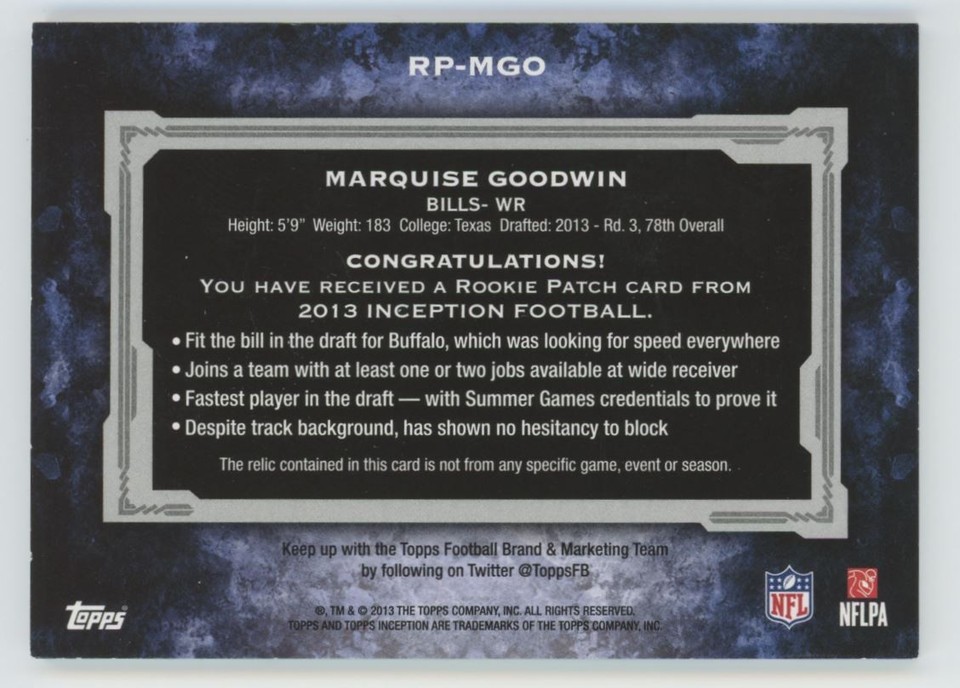 Marquise Goodwin 2013 Topps Inception Purple RC /50 Jersey #RP-MGO ...