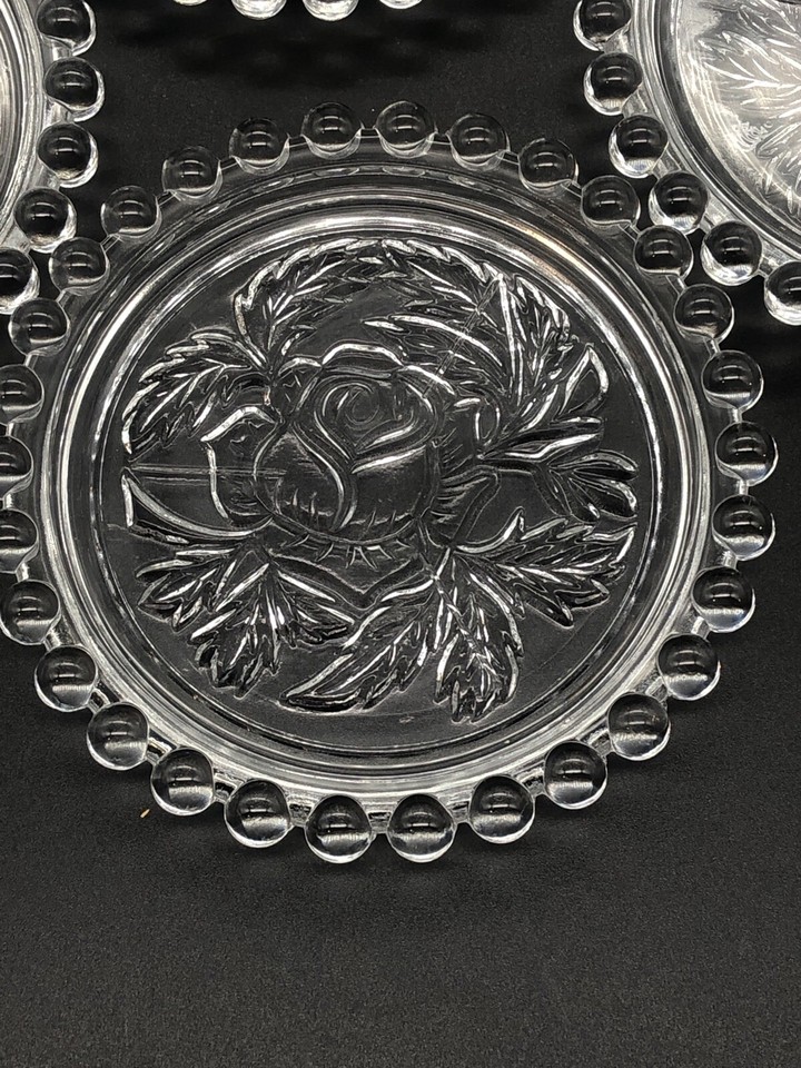 Rose Design Glass Coaster Set Candlewick Style Beaded Edge Dem Republic ...