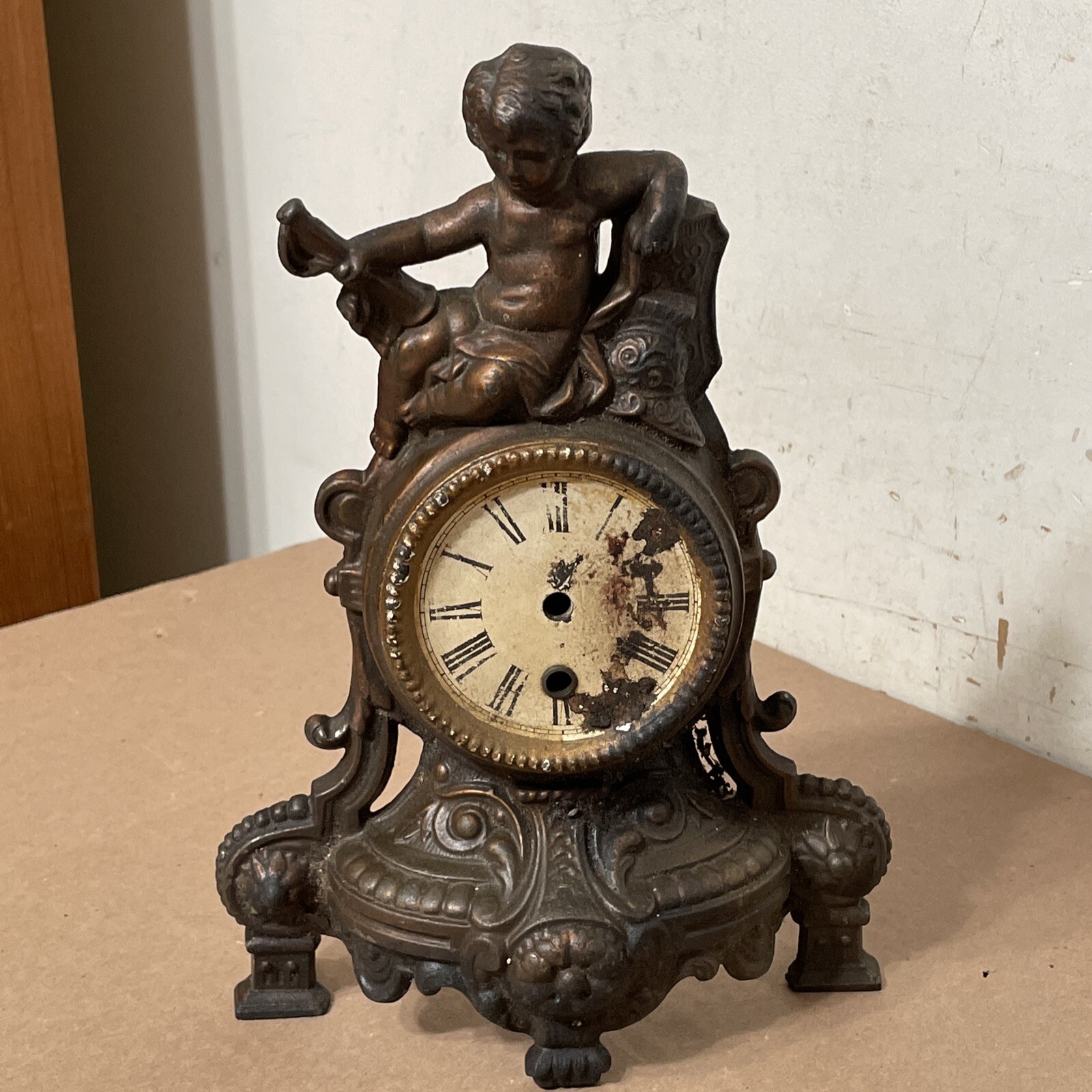Antique Cast Iron Clock Case W/ Cherub Holding Bugle Ansonia New Haven ...