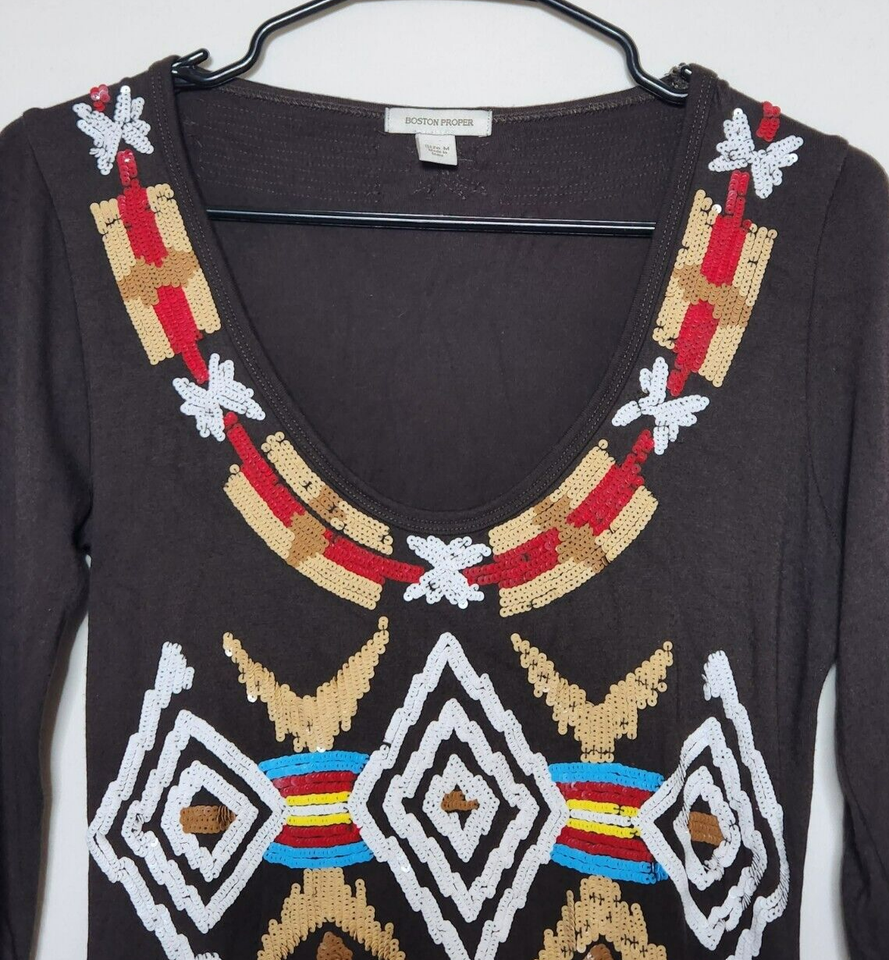 Boston Proper Womens M Sequin 3/4 Sleeve Top Southwester Native ...