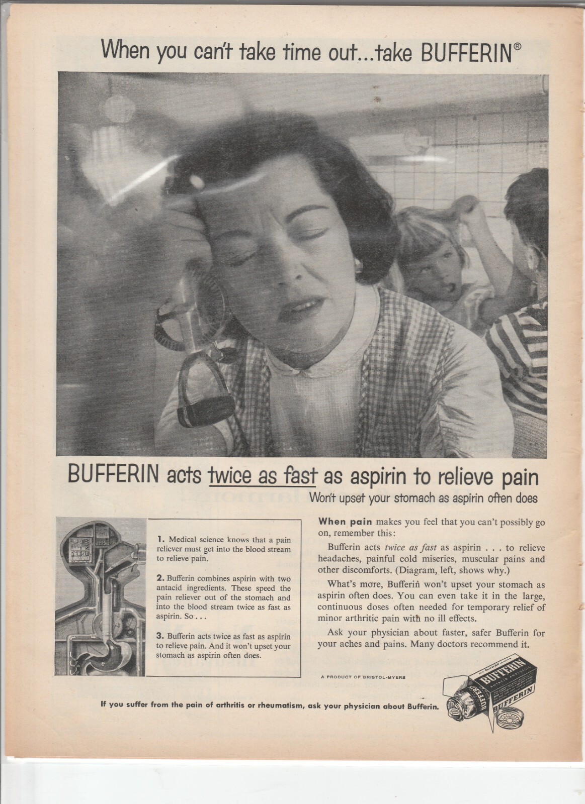 Original 1957 Bufferin Magazine Ad "When You Can't Take Time Out ...