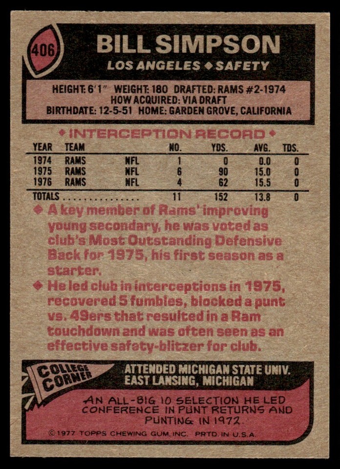 1977 Topps Bill Simpson RC Los Angeles Rams #406 | eBay