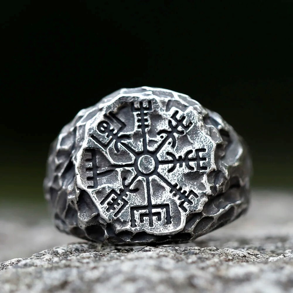 Viking Runes Compass Totem Odin Meteorite Gothic Stainless Steel Ring
