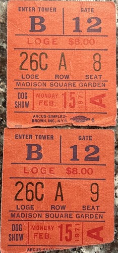 1971 Westminster Kennel Club Dog Show Ticket Stub Lot Madison Square ...