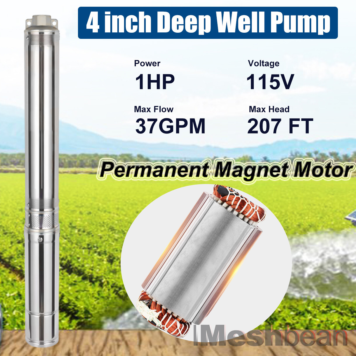 1 HP Deep Well Submersible Pump 4" 37GPM 207ft MAX 100' Cord w/Control ...