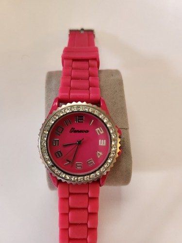 Geneva Pink Dial Crystal Accent Round Silver Tone Case Pink Band Watch ...