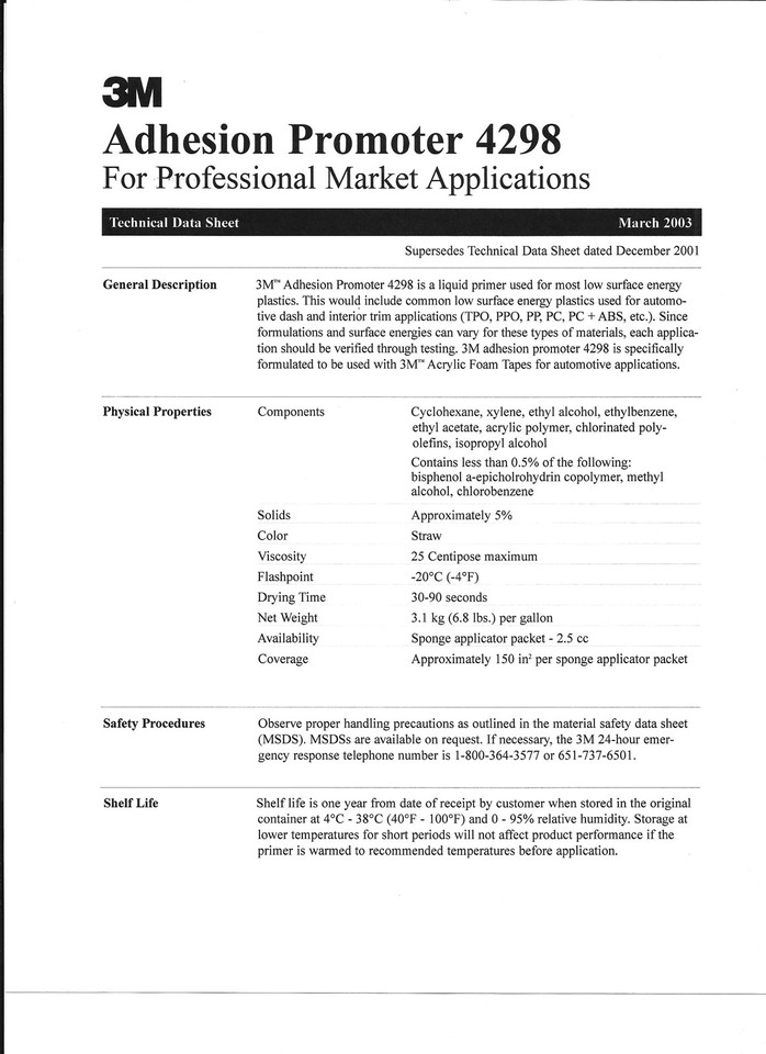 3M 4298 Adhesion Promoter for Acrylic and Rubber Based Tapes, 3 Pack ...