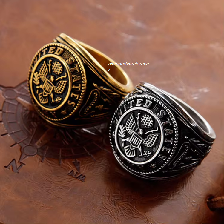 14K Yellow Gold Plated Eagle Men's Vintage Ring US Army Punk Rings ...