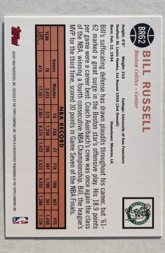 Bill Russell 2007 Topps Bill Russel the Missing Years #62 | eBay
