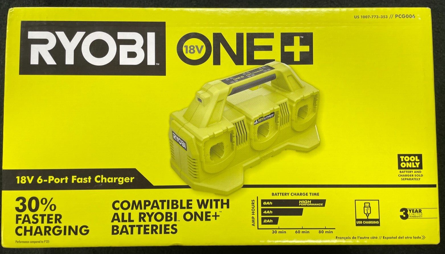 Ryobi 18V 6-Port Fast Battery Charger w/ USB Port Charging PCG006 One+ ...