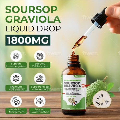 100% Pure Graviola Soursop Liquid Drops 1800mg Fruit & Leaf Herbal ...