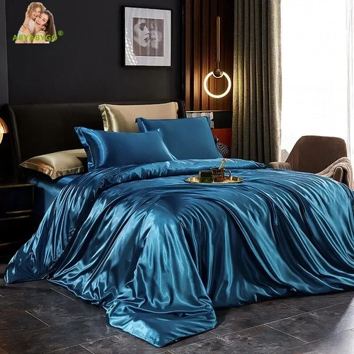 Natural Ice Silk Bedding Set Satin Silky Duvet Cover Bed Sheets ...