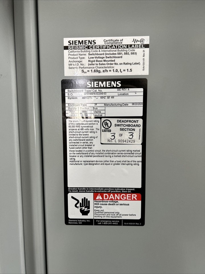 2500 Amp Meter Main Breaker Nema 3R 480/277V 3P 4w With Pull Section ...