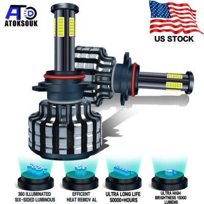 2x 360° 6 sides 9006/HB4 LED Headlights Bulb Kit High/Low Beam 200W ...