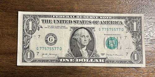 $1 Dollar Bill, Binary Lucky 7s and 5s Fancy Serial Number 77575577 ...