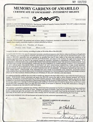 Double burial plot in Amarillo, TX. Memory Gardens Cemetery | eBay