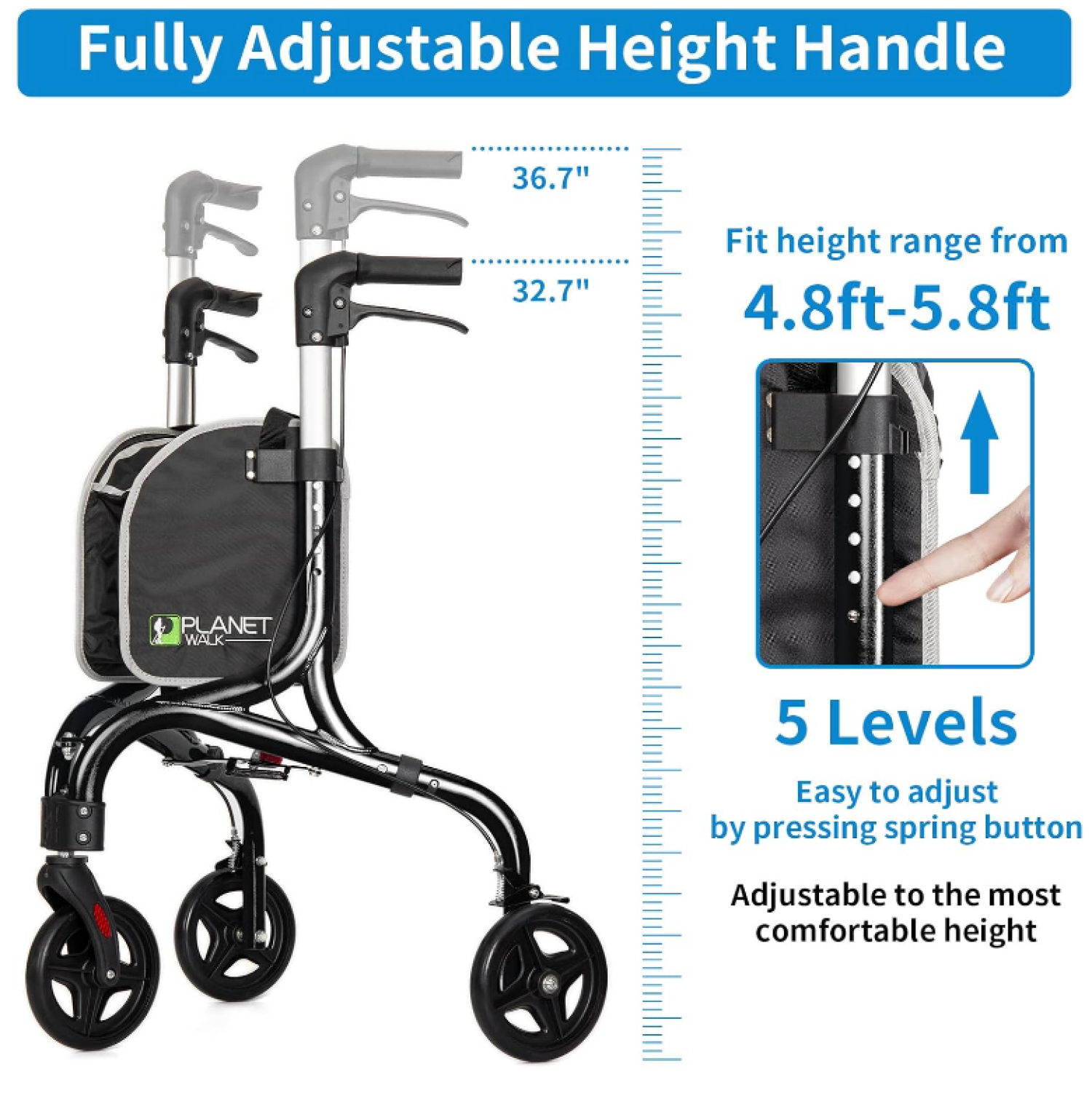 PLANETWALK Premium 3 Wheel Rollator Walker for Seniors-Ultra ...
