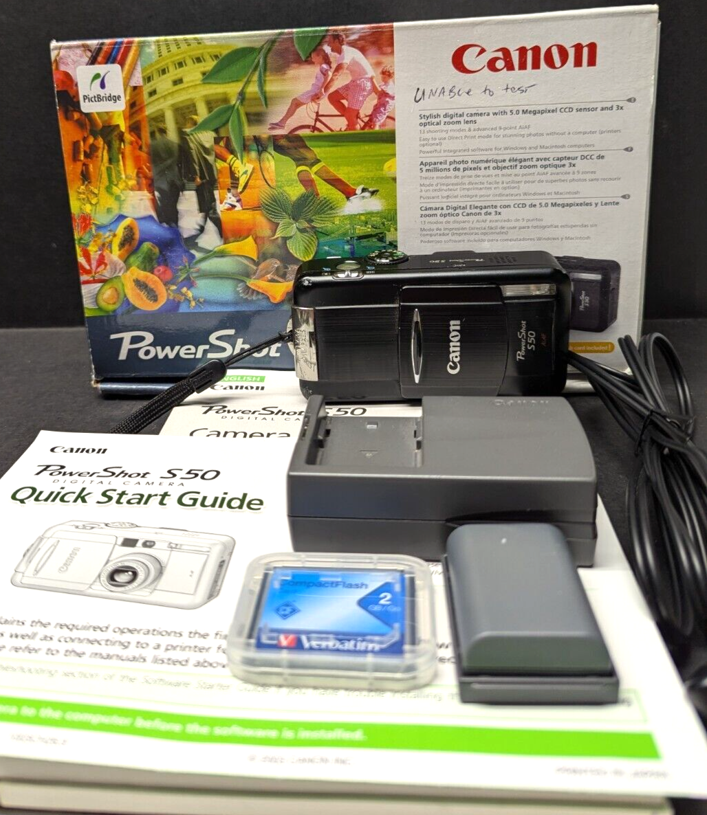 Canon PowerShot S50 5.0MP 3X Digital Camera Black Charger New Battery ...