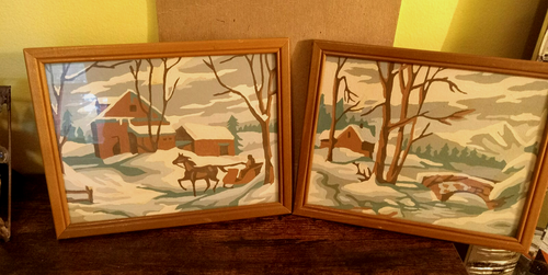 Vintage Mid Century 2 Paint by Number Landscape Winter Scene Glass ...