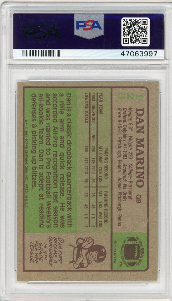 Graded 1984 Topps Dan Marino #123 Rookie RC Football Card PSA 8 NM-MT ...