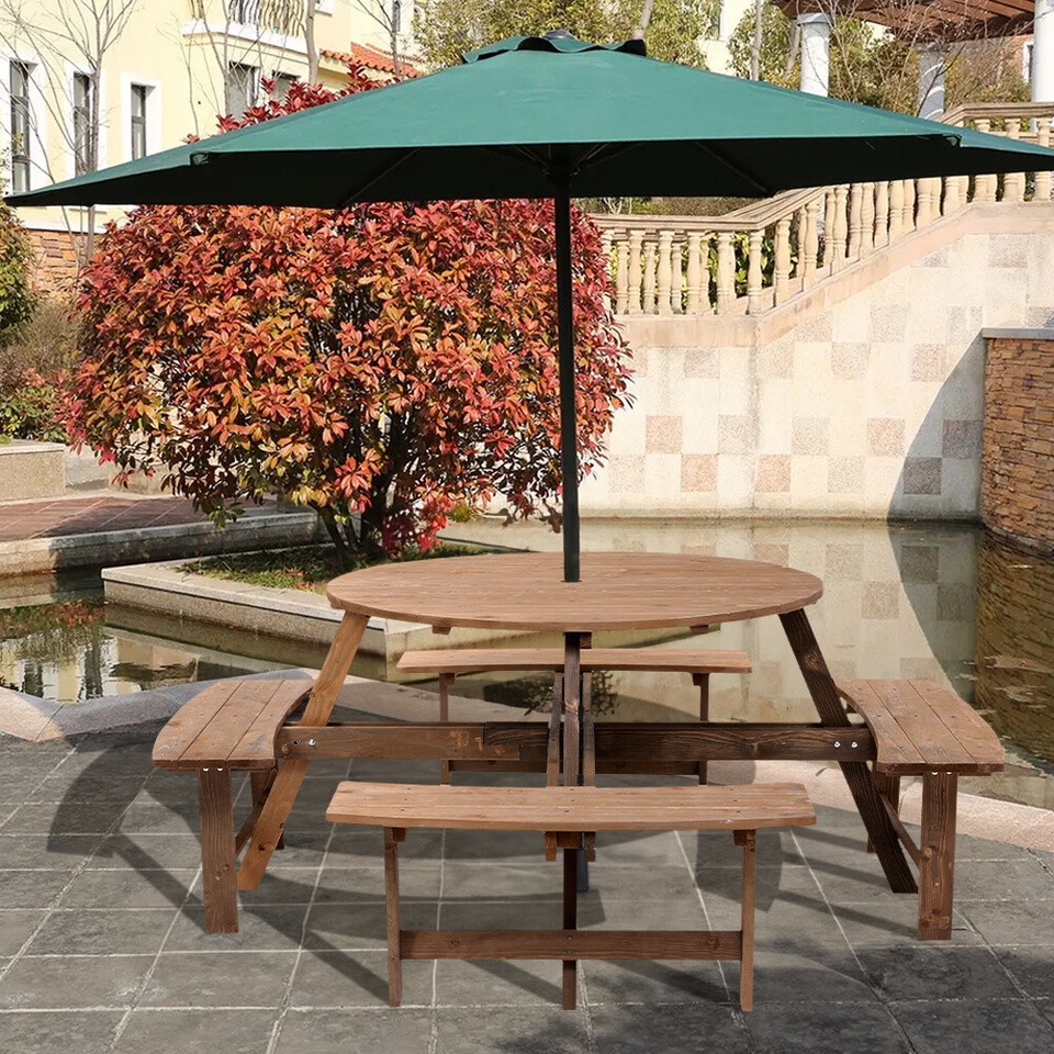 8 6 Seater Wooden Pub Bench Round Picnic Table Furniture Set Garden ...