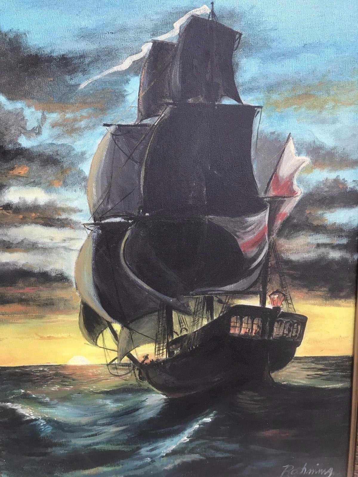 NORRIS RAHMING Original FRIGATE SHIP 1930s WPA ERA SIGNED OIL PAINTING ...
