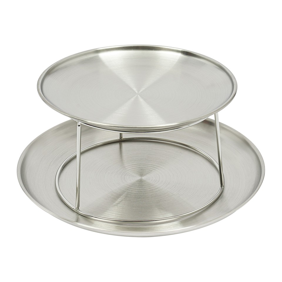 2-Tier Food Serving Riser Seafood Plate Round Plate Rack Silver Tray ...