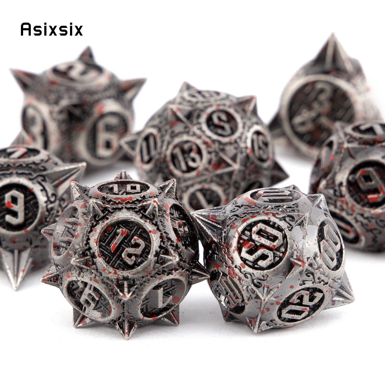 7 Pcs Silver Red Meteor Hammer Metal Dice Solid Metal Polyhedral Dice ...