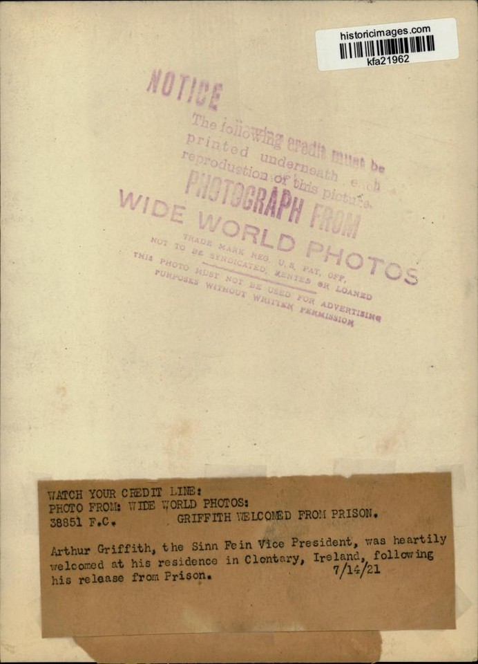 1921 Press Photo Arthur Griffith after release in prison is at his ...