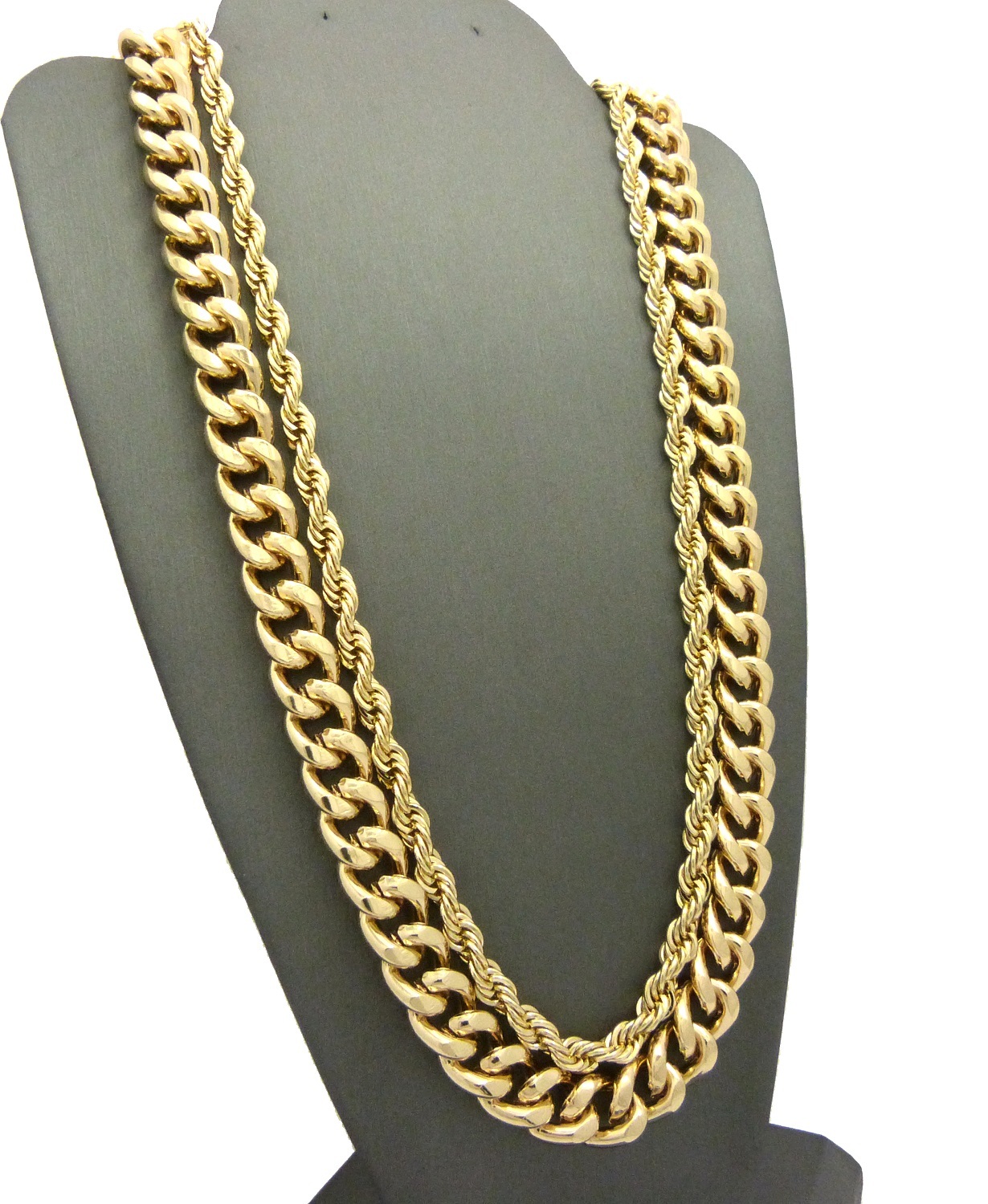 NEW HIP HOP CHAINS NECKLACE SET / 30" ROPE CHAIN & 30" CUBAN CHAIN SET ...
