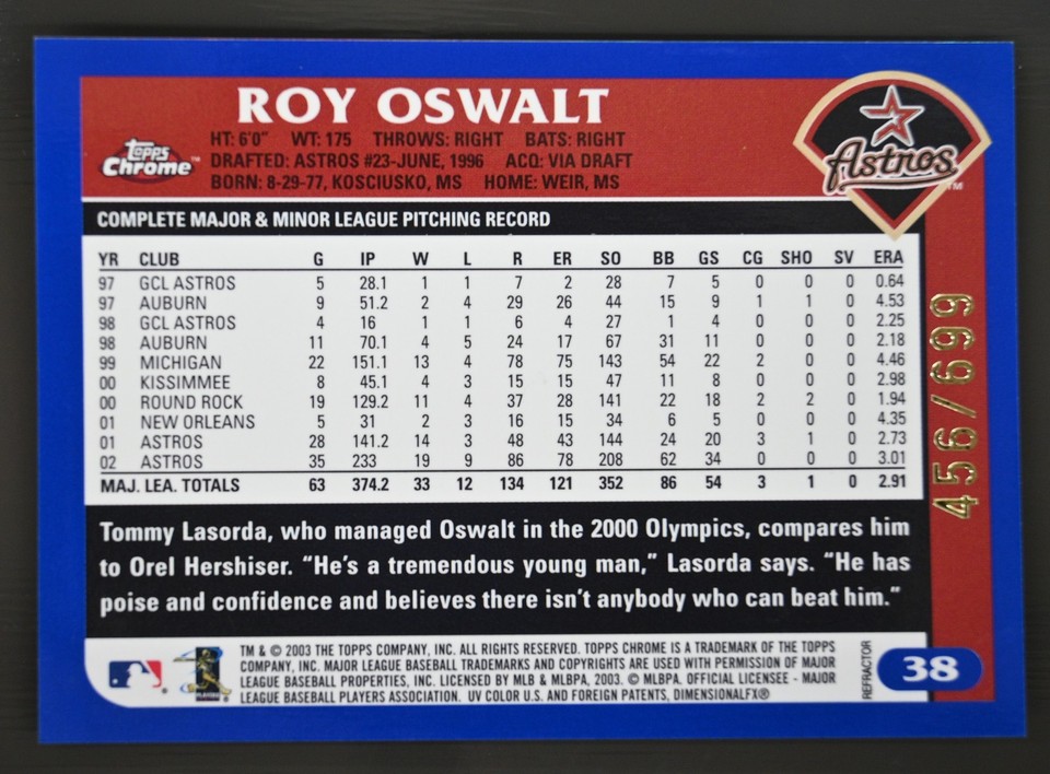 2003 Topps Chrome #38 Roy Oswalt /699 Refractor Houston Astros | eBay