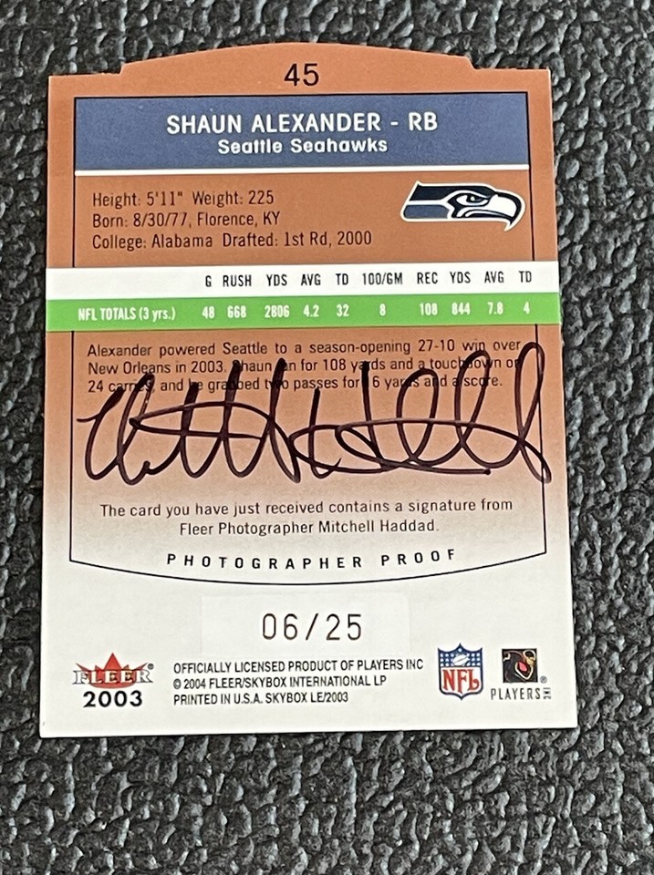 🔥SHAUN ALEXANDER 2004 SKYBOX LIMITED EDITION PHOTOGRAPHER PROOF ...