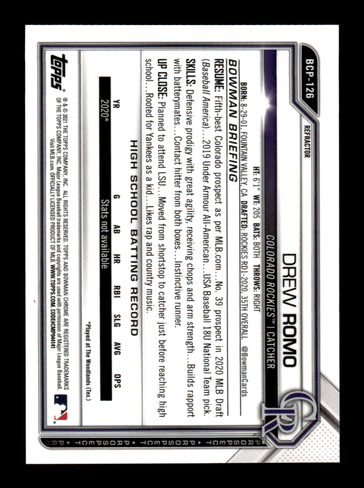 2021 Bowman Chrome Baseball Drew Romo #BCP-126 Prospects Refractor #'d ...