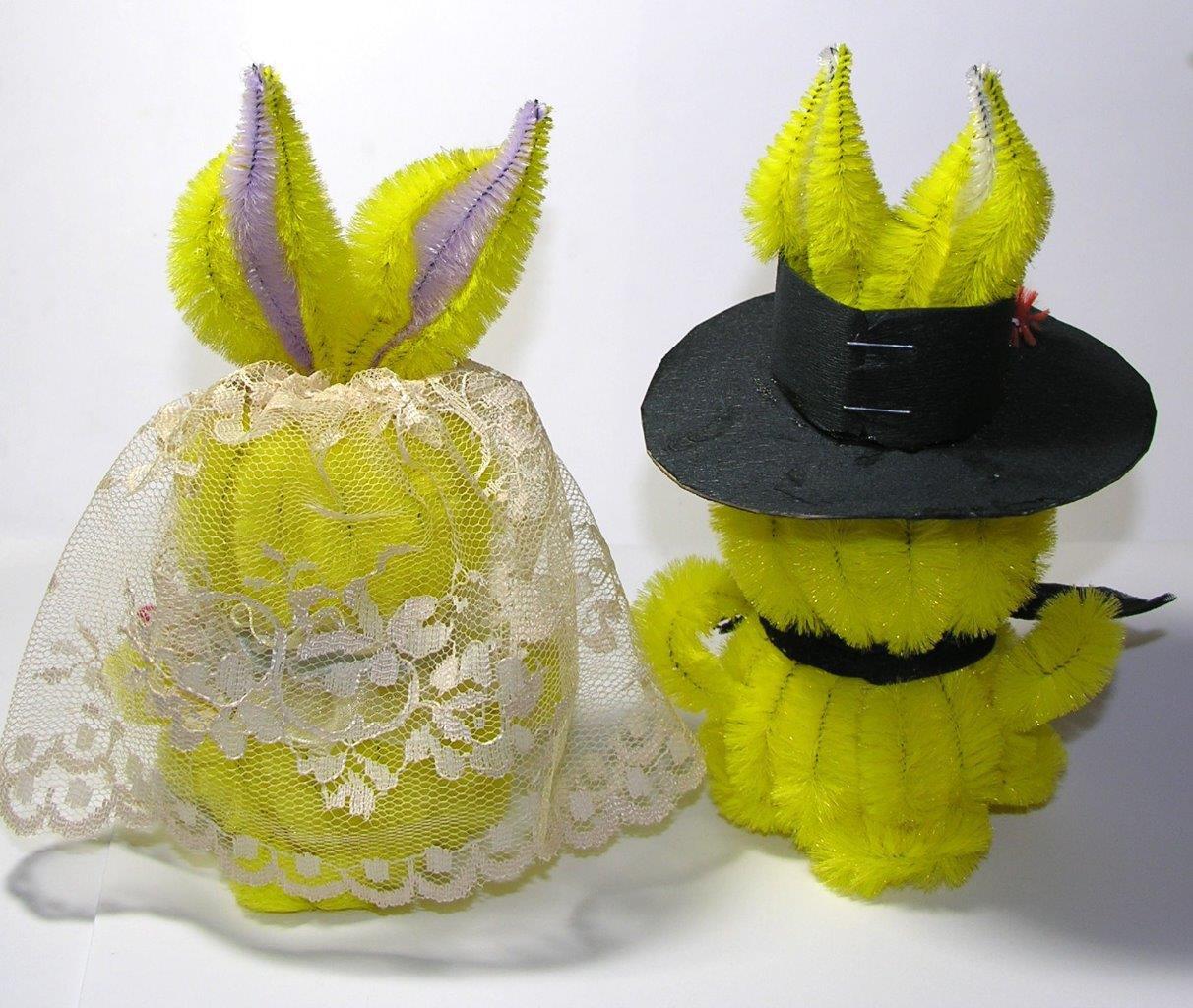 VTG 1970'S PAIR CHENILLE BUNNY BRIDE N GROOM FOLK ART 7" EASTER ...