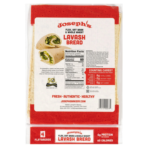 2 PACK Joseph's Low Net Carb Flax Lavash Bread, Flatbread Wraps, 4 ...