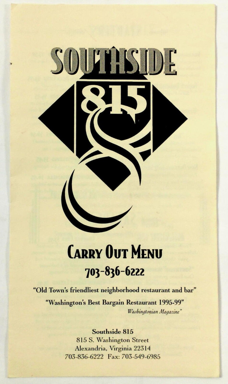 Vintage Carry Out Menu SOUTHSIDE 815 Restaurant Alexandria Virginia | eBay
