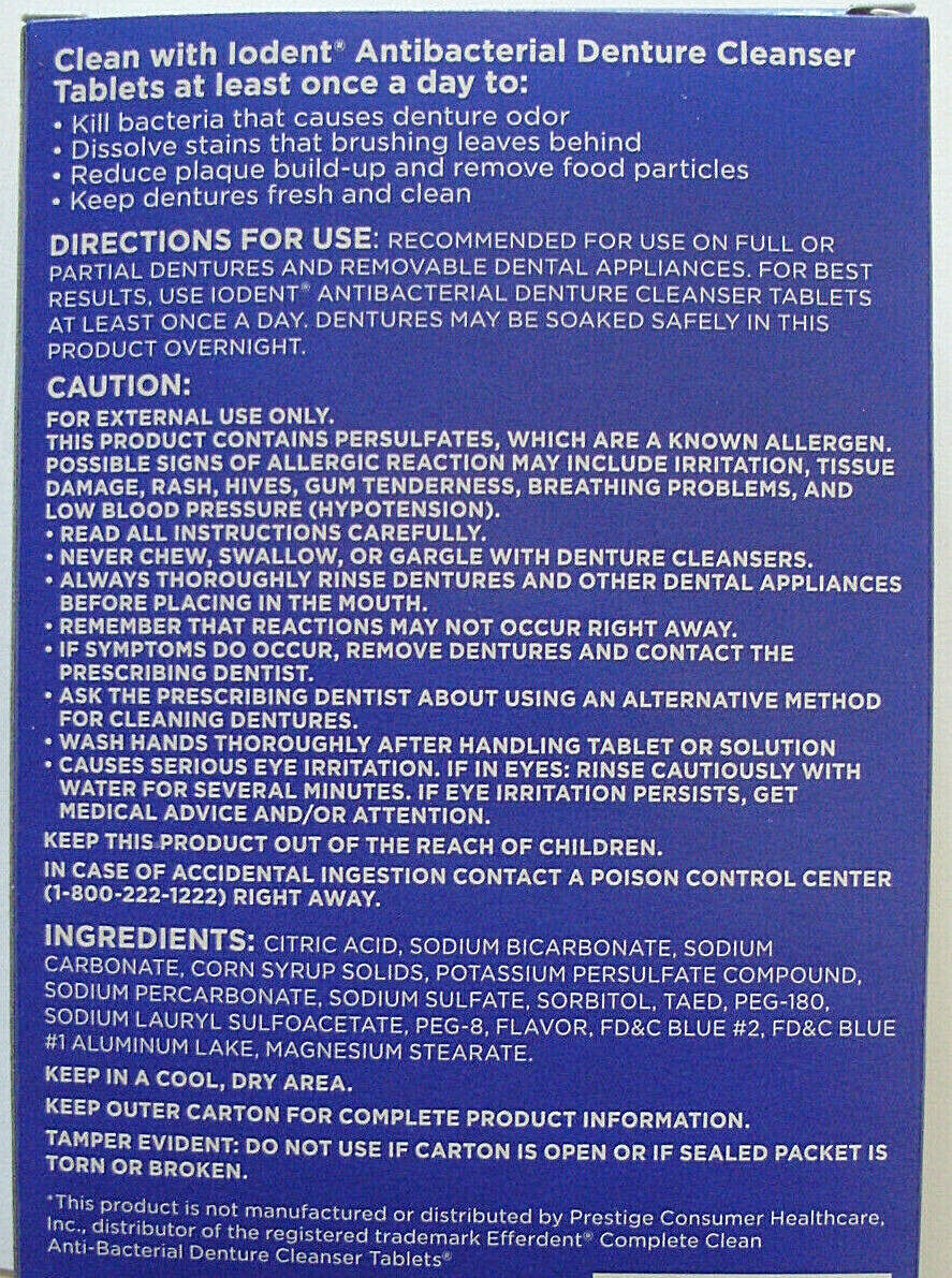 Iodent ANTIBACTERIAL Denture Cleanser 24 Tablets Fights Odor Causing ...
