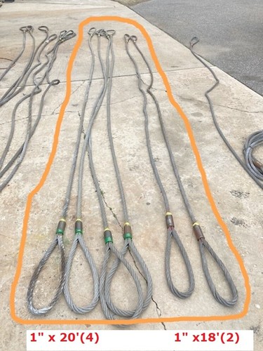 LIFTING SLINGS,,1” DIA. WIRE Rope x 20', LOT of 6. 8.5 ton EA,logging ...