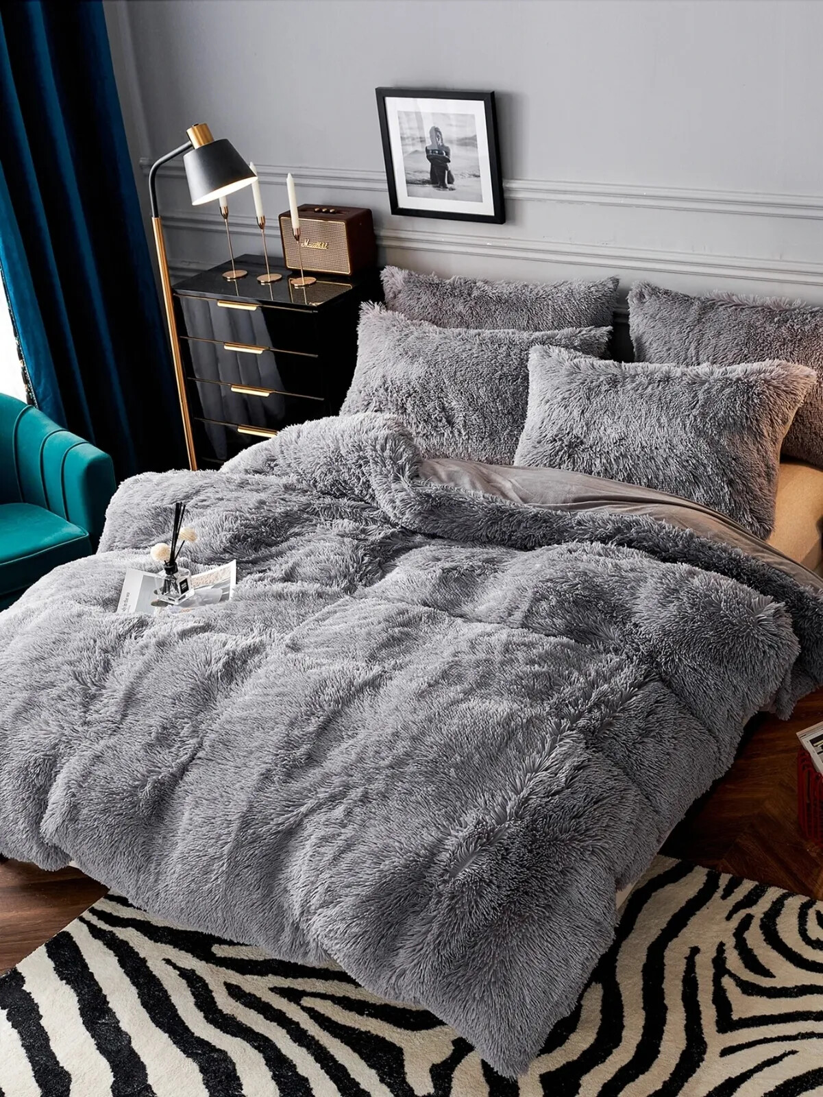 BEAUTIFUL ULTRA SOFT PLUSH GREY FAUX FUR SHAGGY FLUFFY MODERN CHIC ...