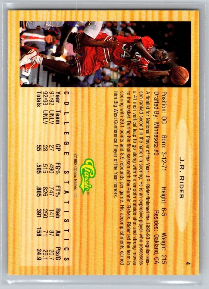 1993 Classic #4 J.R. Rider UNLV Rebels RC | eBay