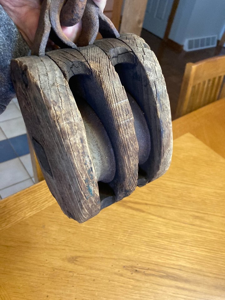 Vintage Wooden Farm Double Sheive Pulley Block Tackle Nautical Collect ...