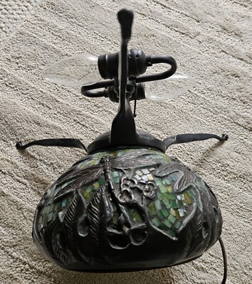 Antique Tiffany Style Dragon Fly Table Lamp Base Green Slag Glass ...