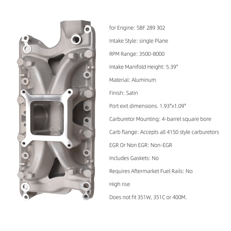 Fits Ford Small Block 289 302 V8 Single plane Carb Aluminum Intake ...