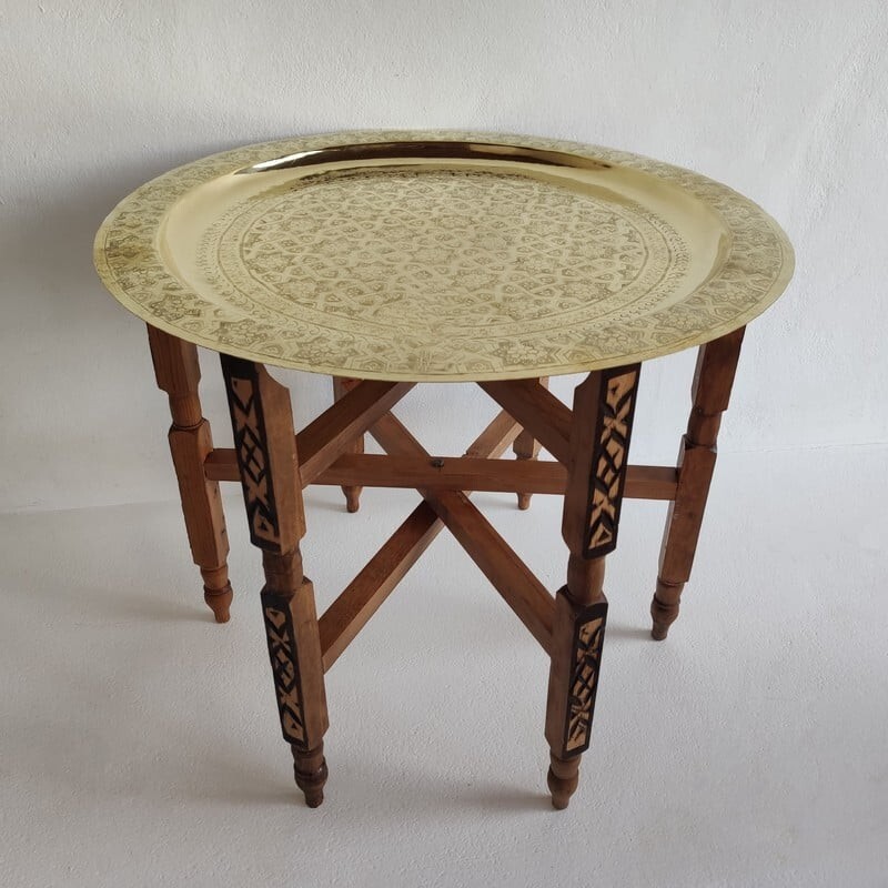 Handmade Moroccan 40" Round Brass Tray Tea Table with folding Wood ...