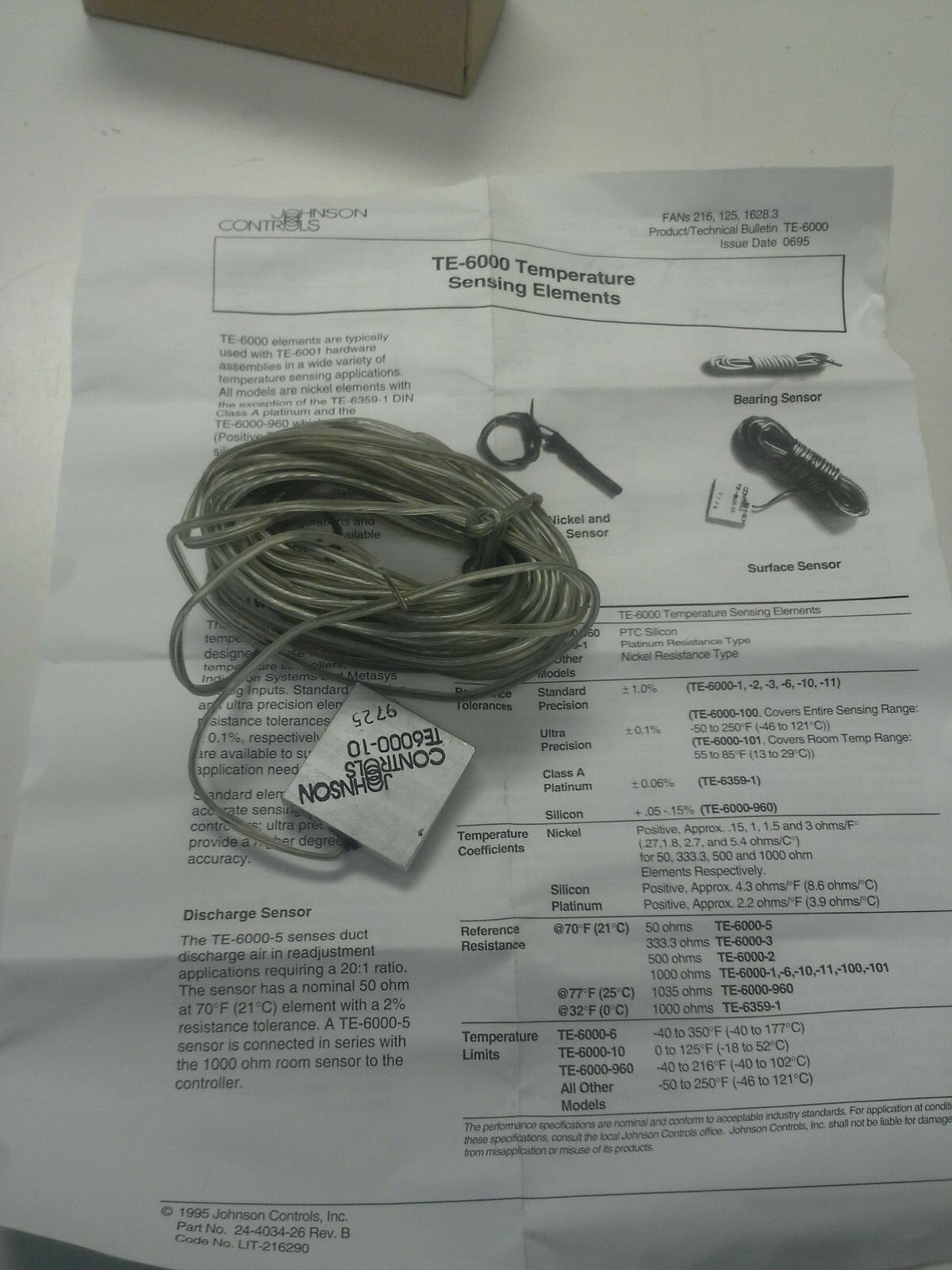 JOHNSON CONTROLS TE-6000-10 Surface Temp. Sensor, 1000 Ohm rev G | eBay