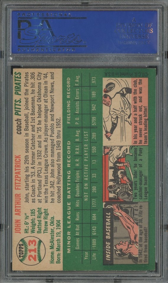 1954 Topps SETBREAK #213 John Fitzpatrick Pittsburgh Pirates PSA 7 NM ...