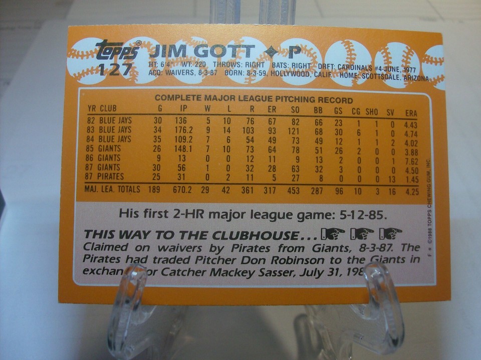 1988 Topps Collector's Tiffany #127 - Jim Gott - Pittsburgh Pirates ...