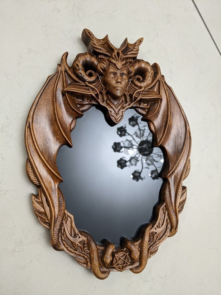 Scrying mirror Goddess Lilith Wall mirror décor Natural wood Pagan ...