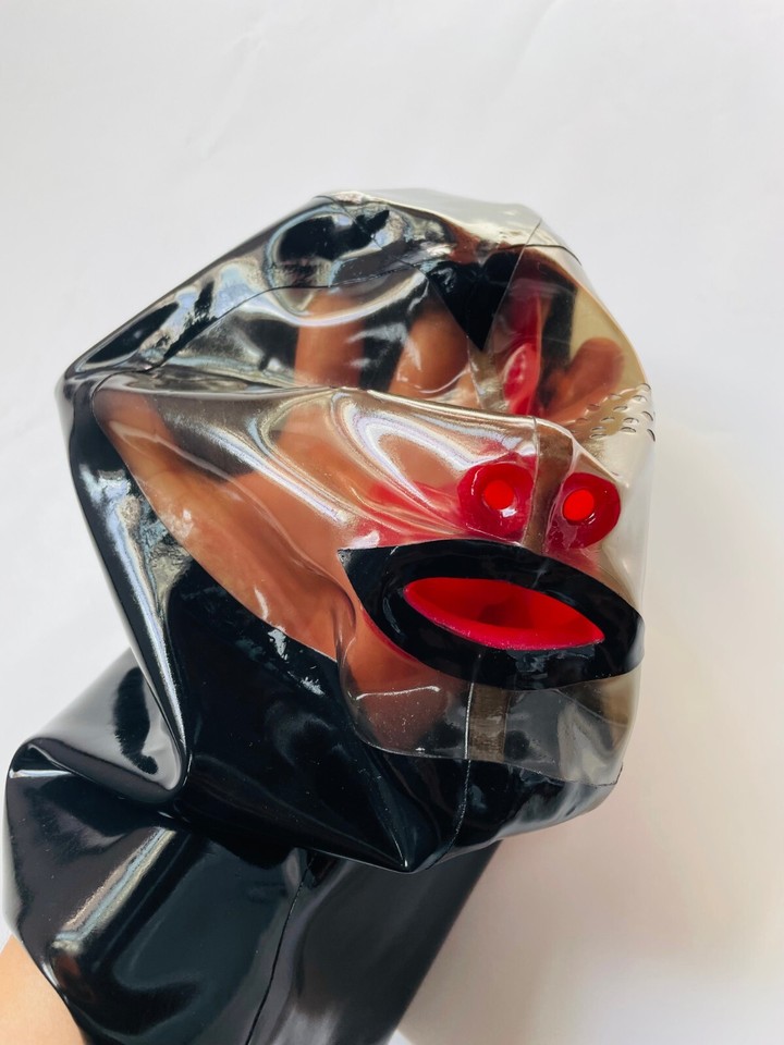 Latex Hood with 15CM long nose tube red teeth mesh eyes transparent ...